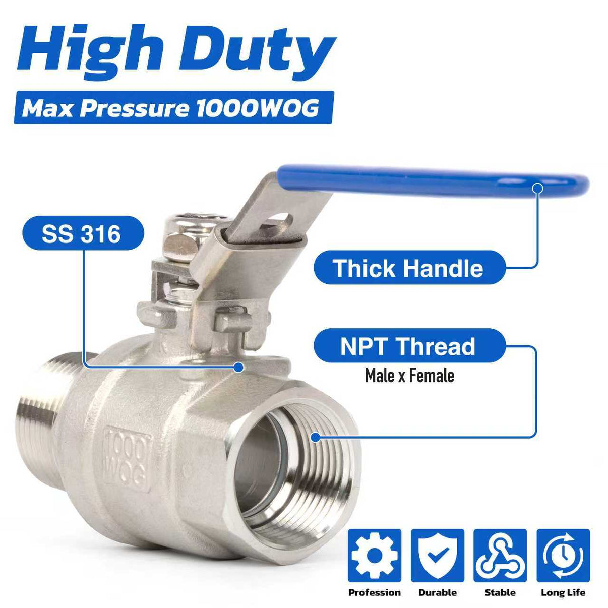 1/2" Ball Valve – Male x Female 316 Stainless Steel Heavy Duty, 1000WO ...