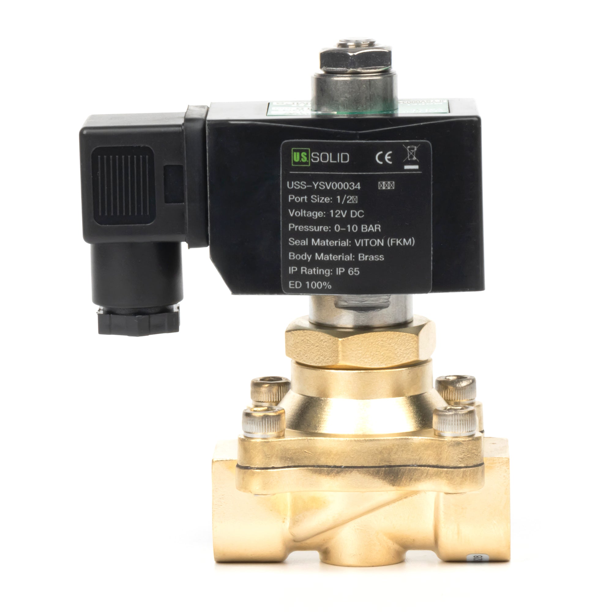 1/2" Brass Electric Solenoid Valve - 12V DC, Normally Open, 145 PSI, V ...