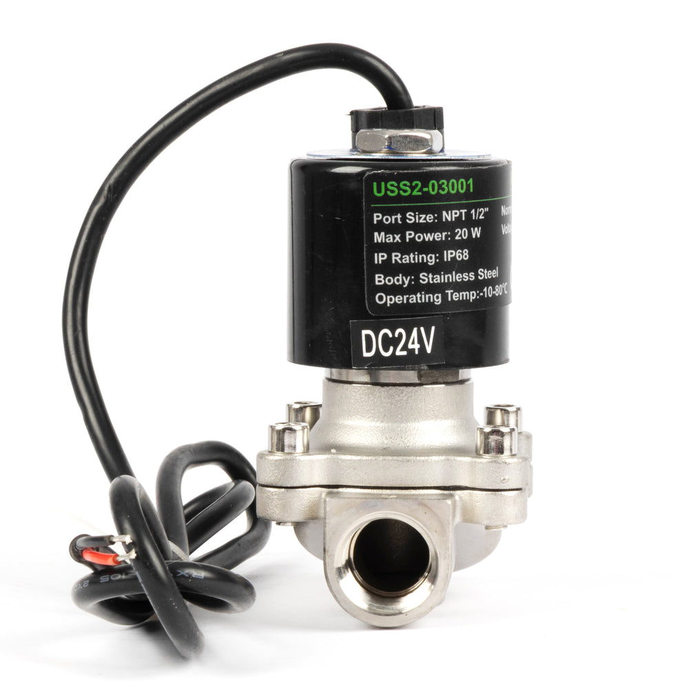 1/2" NPT Solenoid Valve 24V DC, Stainless Steel, NC – U.S. Solid