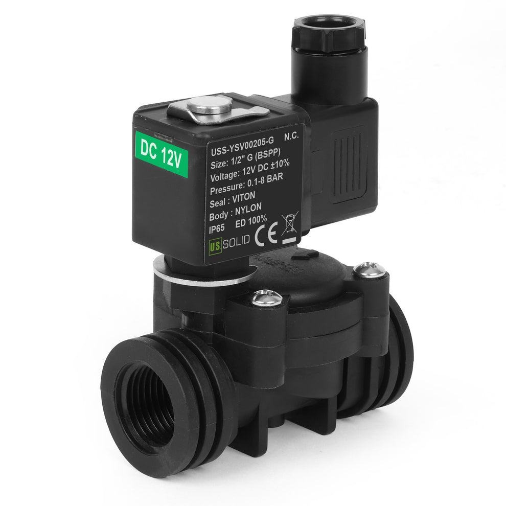 塑料（尼龙）电磁阀 1/2" - 12V 直流，8 巴，常闭，VITON 密封 – U.S. Solid