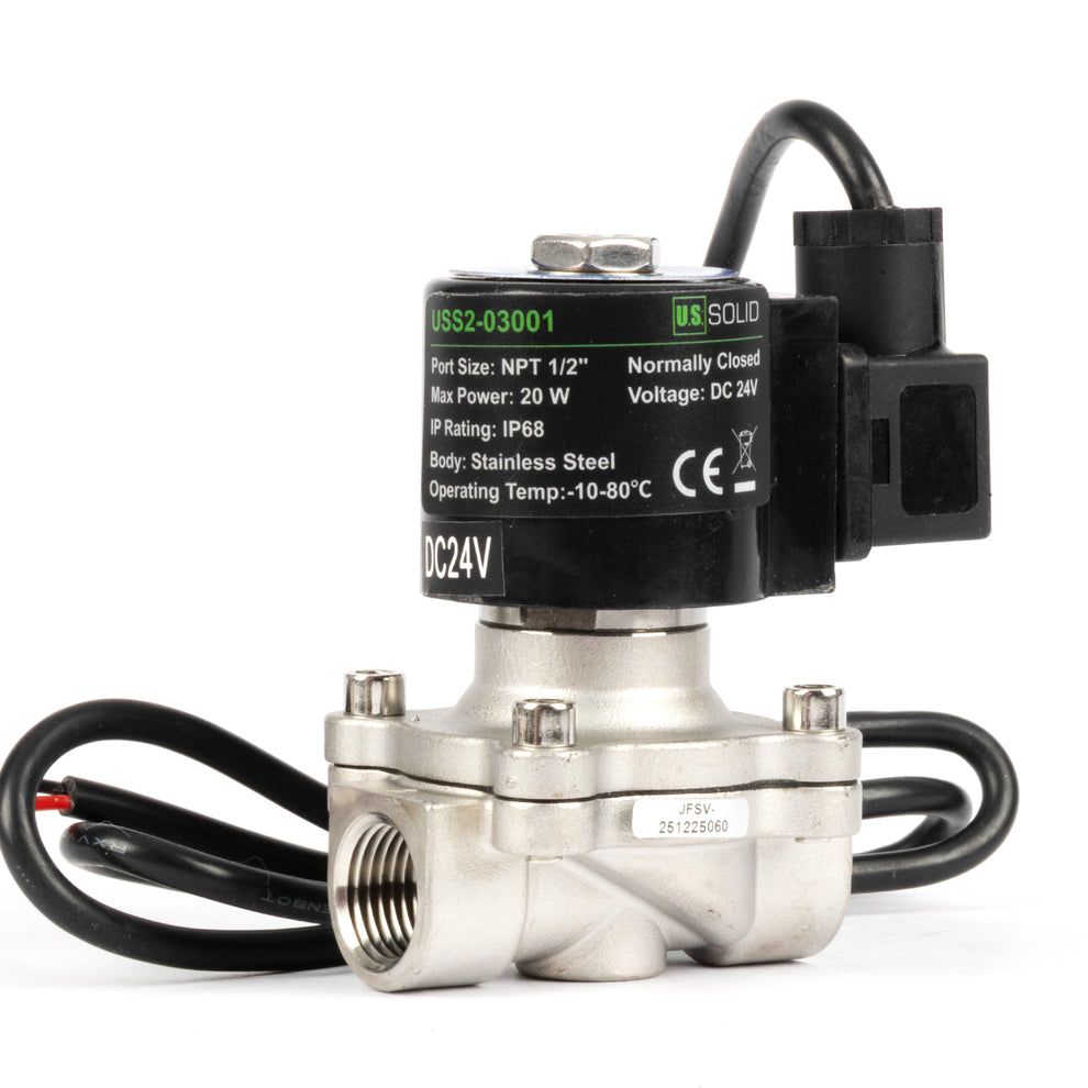 1/2" NPT Solenoid Valve 24V DC, Stainless Steel, NC – U.S. Solid