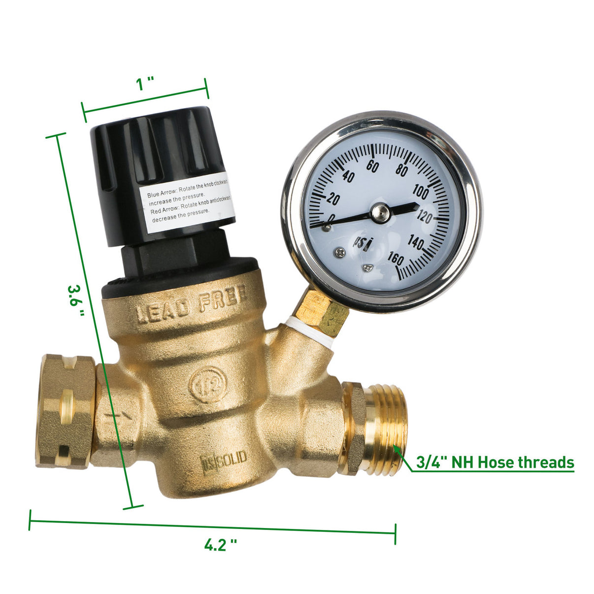 U.S. Solid Water Regulator Valve- 3/4" NH Brass Thread RV Pressure Reg