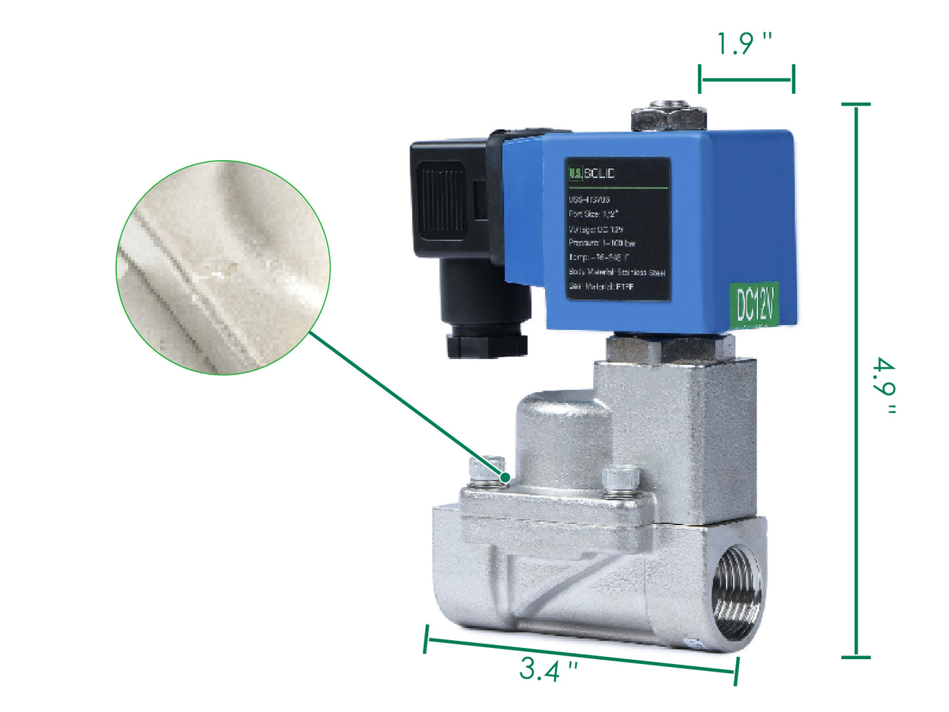High Pressure Solenoid Valve - 1/2" Stainless Steel 100 bar, 12V DC Hi ...