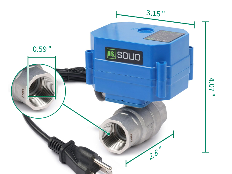 U.S. Solid 1/2" Motorized Ball Valve, 110VAC, Stainless Steel, Auto Re