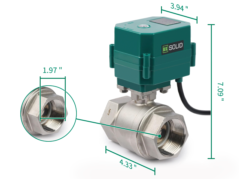 U.S. Solid 2" Motorized Ball Valve, 110VAC, Stainless Steel, Auto Retu